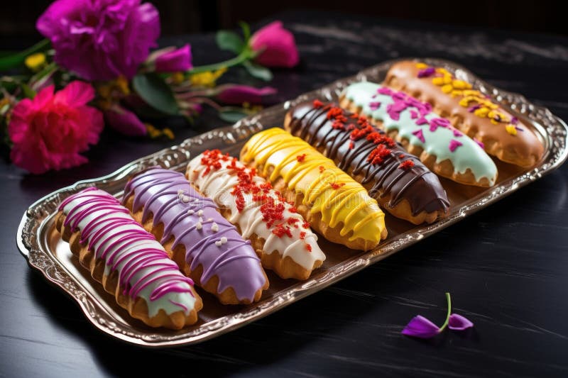Eclairs with Various Multicolored Icing on a Silver Tray Stock Photo ...