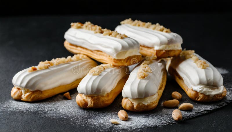 Eclairs with White Icing and Peanuts on a Black Background. Stock ...