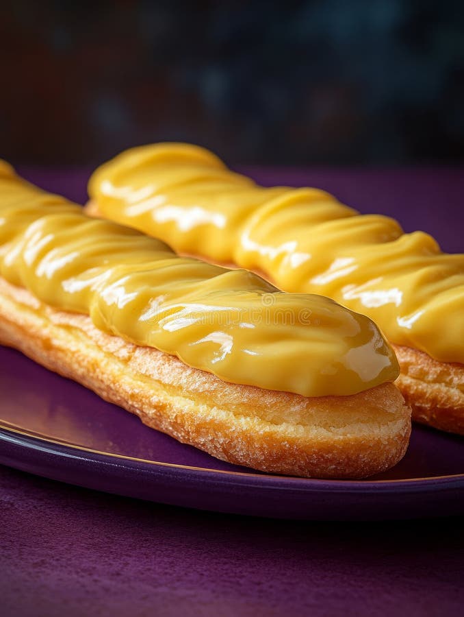 Eclairs Yellow Cream Purple Plate Stock Photos - Free & Royalty-Free ...