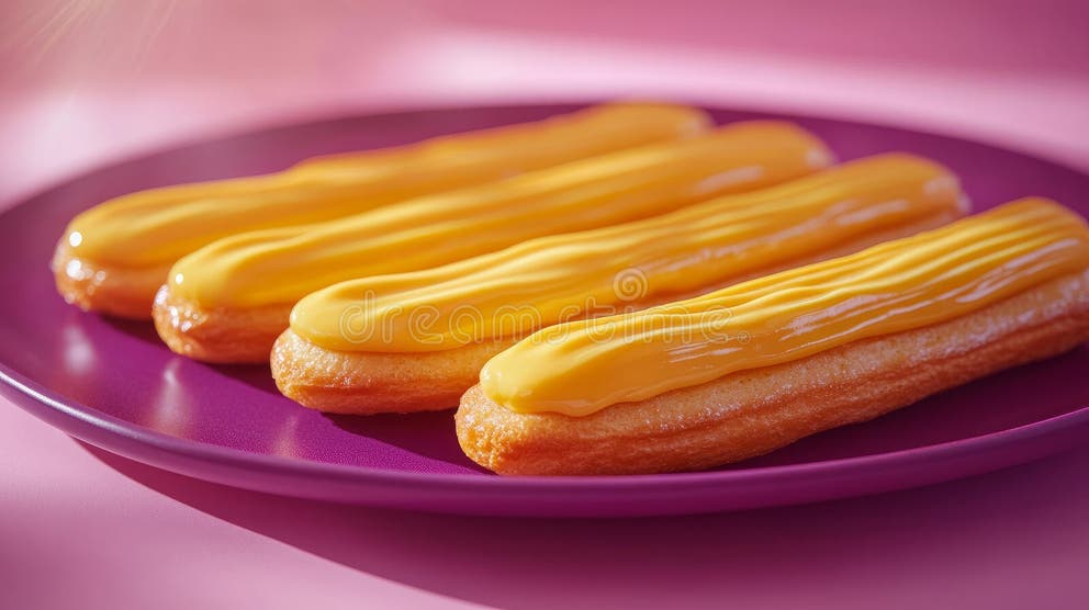 Eclairs with Yellow Icing on a Purple Plate. Stock Photo - Image of ...