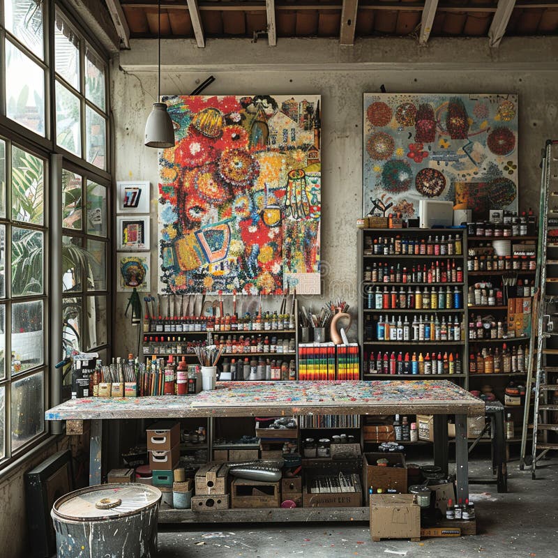 Eclectic Artists Studio with Vibrant Artwork and a Variety of Materials ...