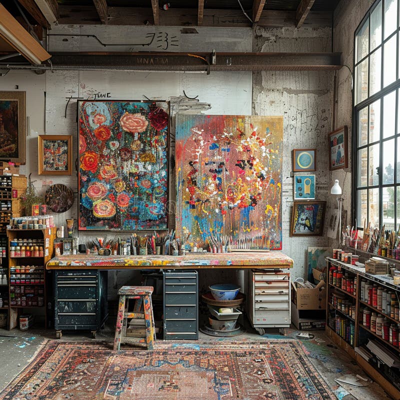 Eclectic Artists Studio with Vibrant Artwork and a Variety of Materials ...