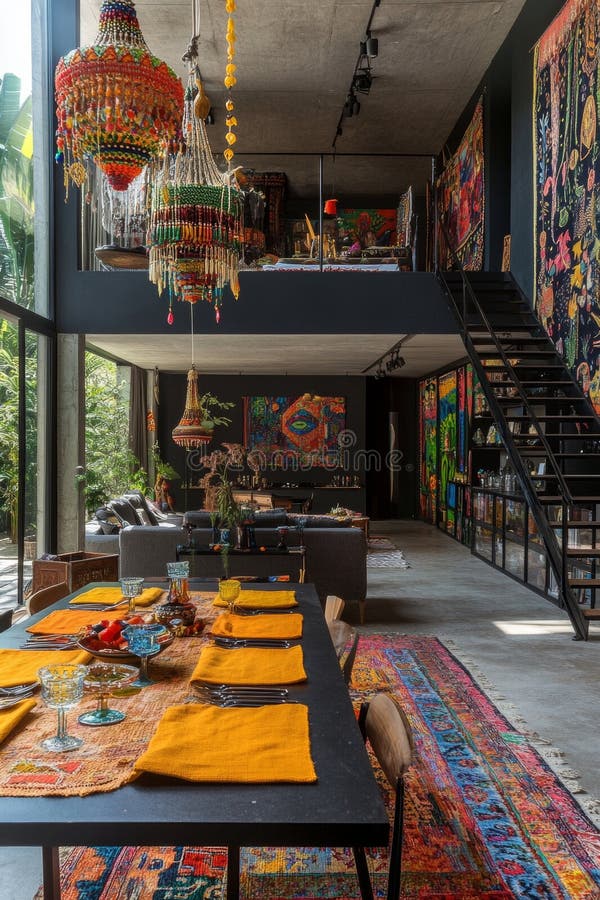 Eclectic Bohemian Interior Style with Bright, Colorful Rugs Stock Image ...