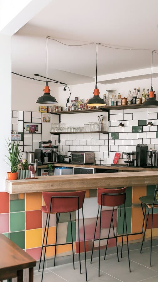 Eclectic Cafe Interior with Colorful Bar and Stylish Decor in a Vibrant ...