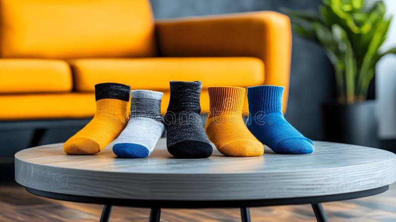 Eclectic Collection of Mismatched Socks on Table Stock Illustration ...