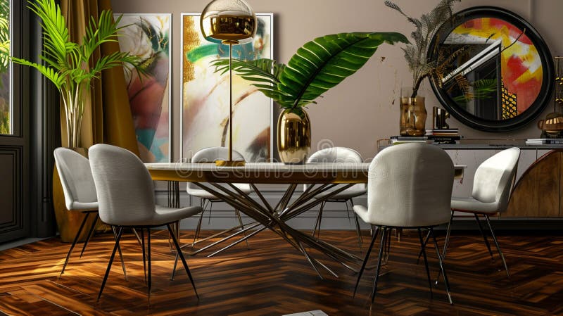 Eclectic Dining Room Interior with Mock Up Poster Map, Sharing Table ...