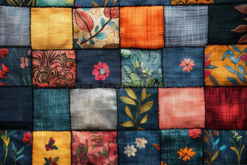 Eclectic Fabric Patchwork, Design with Colorful Fabric Squares, Geometric Shapes, and Floral ...