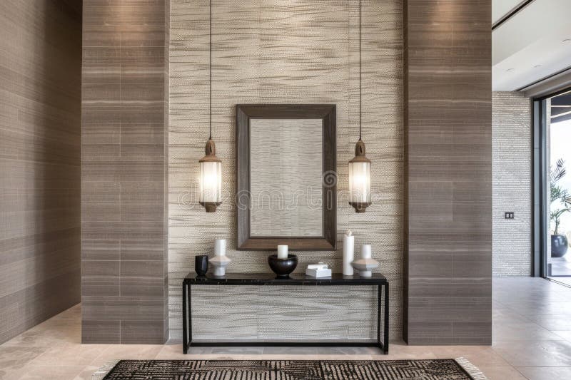 Eclectic Modern Hallway with Textured Walls, Framed Mirror, and Stylish ...