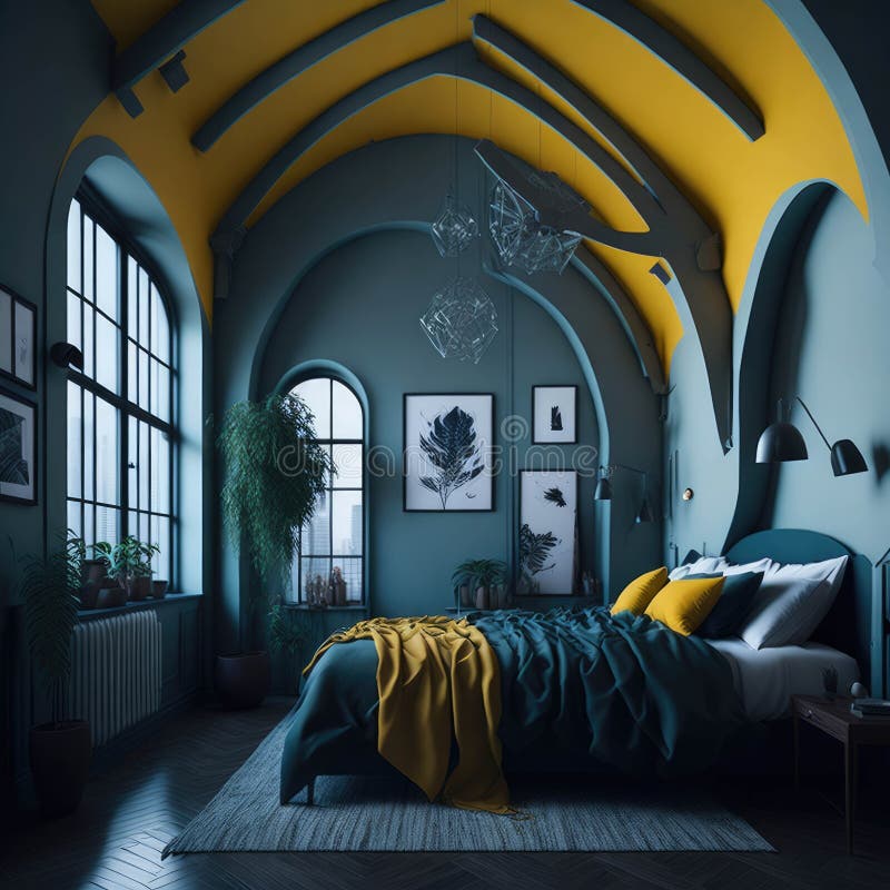 Eclectic Modern Interior of Bedroom Design with High Arched Ceiling ...