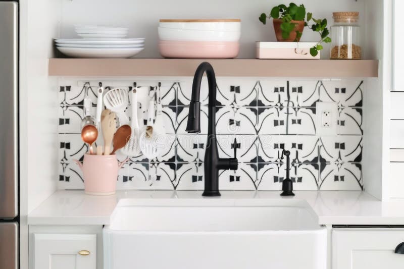 Eclectic Modern Kitchen Sink with Black Faucet and Stylish Geometric ...