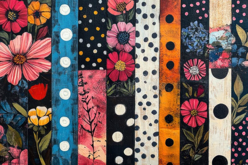 Eclectic Patchwork Art, Playful Patchwork Art with a Blend of Polka ...