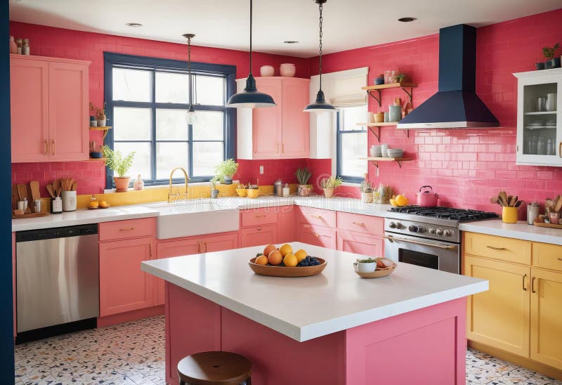 An Eclectic and Vibrant Pink Kitchen Interior Stock Illustration ...