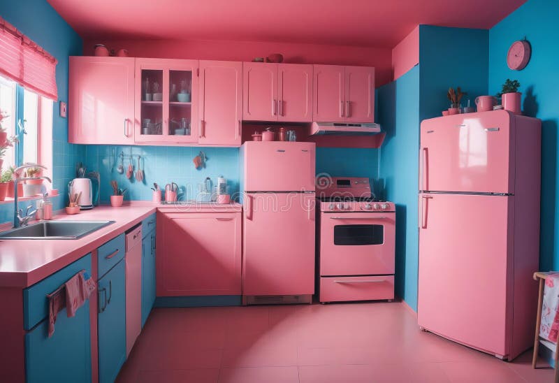 An Eclectic and Vibrant Pink Kitchen Interior Stock Illustration ...