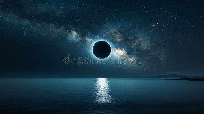Eclipse Over Ocean with Milky Way Backdrop at Night, Serene Atmosphere ...