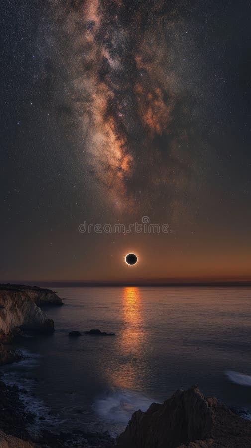 Eclipse Over Ocean with Milky Way Galaxy View, Mesmerizing Celestial ...