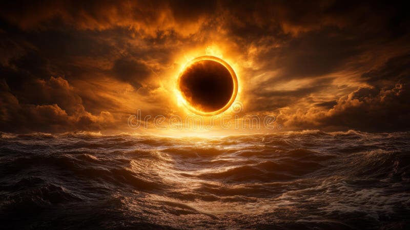 Eclipse Over Ocean Waves during a Fiery Sunset Stock Illustration ...