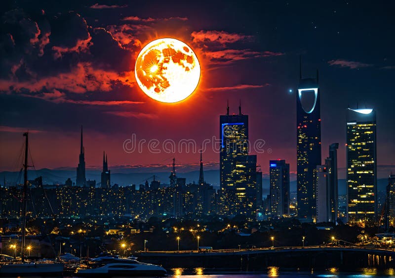 Solar Eclipse Night Sky Lunar Shadow City Skyline Futuristic Cyberpunk ...
