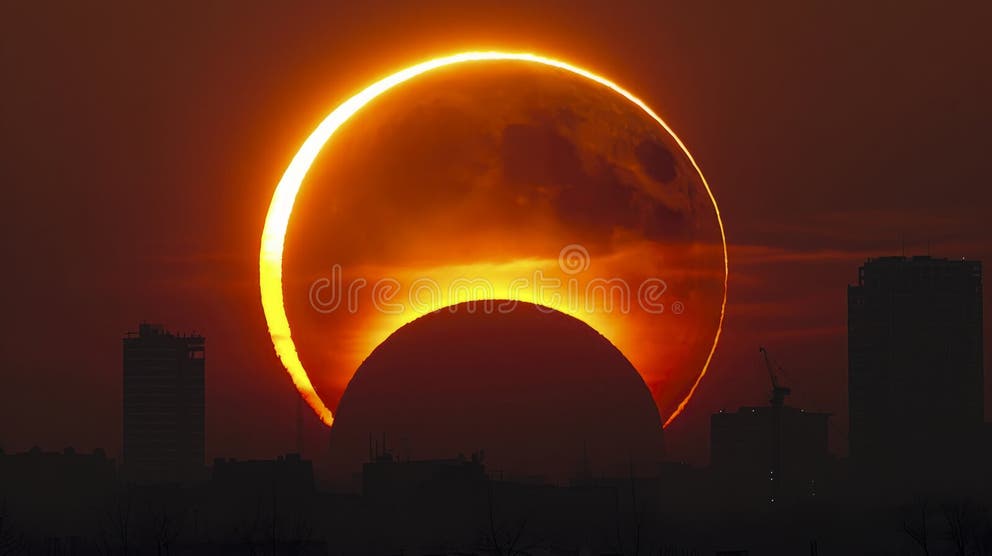 Eclipse Solar, a Large Orange Sun is in the Sky, with a Large Circle of ...