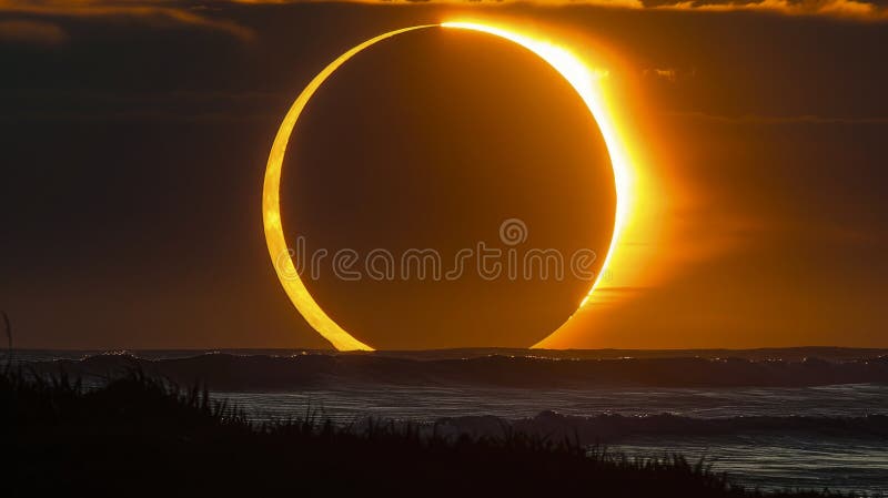 Eclipse Solar, a Large Orange Sun is in the Sky, with a Large Circle of ...