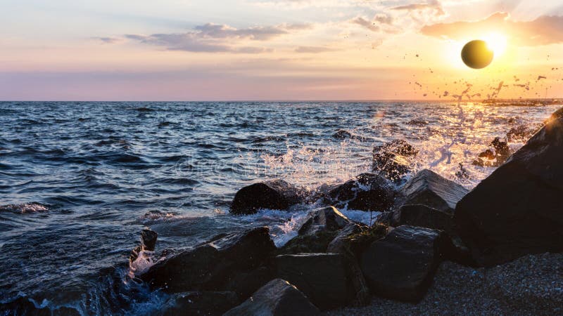 Solar Eclipse Over Seascape . Sunrise Stock Image - Image of corona ...