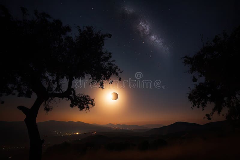 Eclipse, with View of the Moon, and Stars in the Night Sky Stock ...