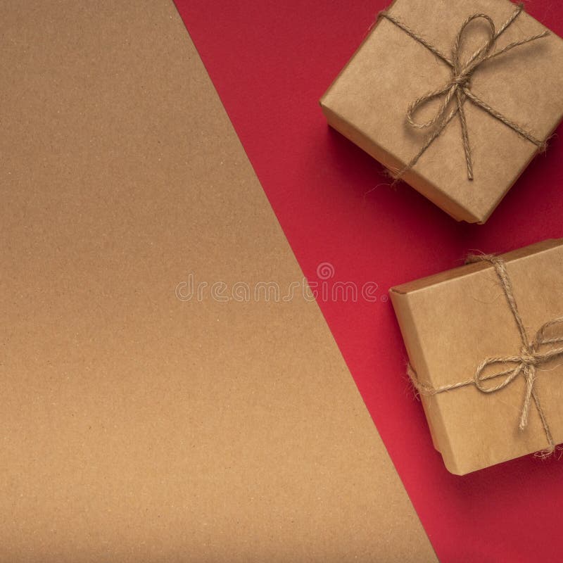 Eco Background of Craft Cardboard Texture with Two Gift Boxes on Red ...