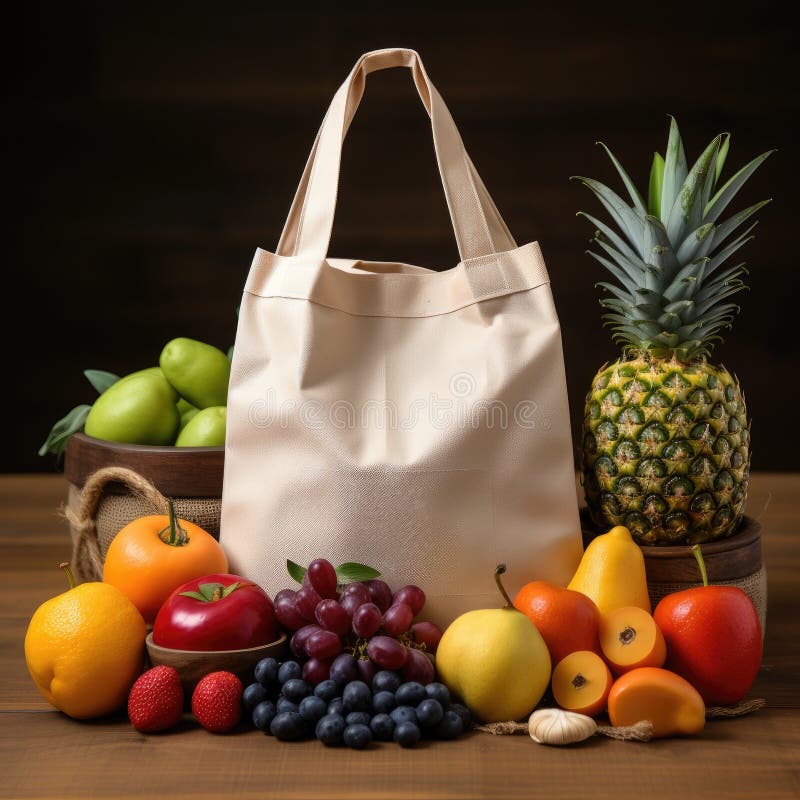 Eco Bag with Fruit Products. Zero Waste Use less Plastic Concept Stock ...