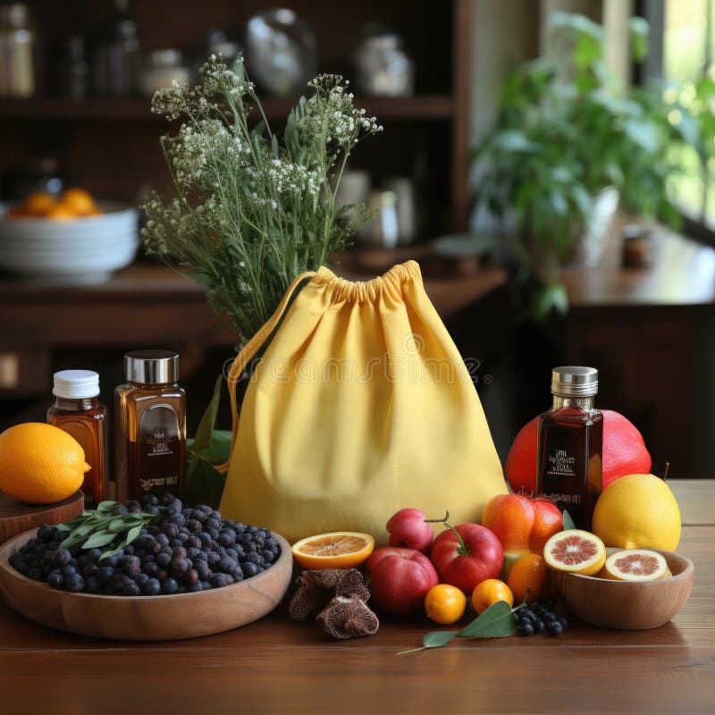 Eco Bag with Fruit Products. Zero Waste Use less Plastic Concept Stock ...