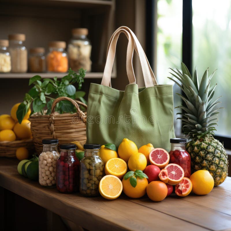 Eco Bag with Fruit Products. Zero Waste Use less Plastic Concept Stock ...