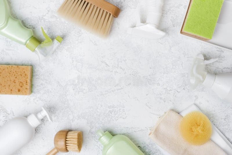 Eco Brushes and Cleaning Products on Marble Background with Space Stock ...