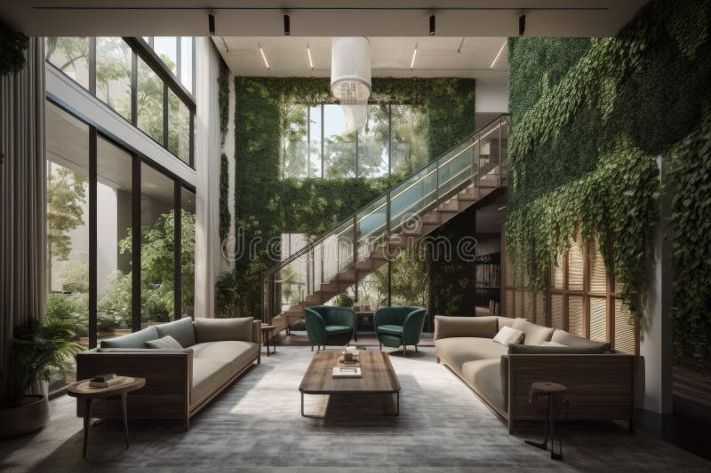 Eco-chic Hotel Lobby with Greenery and Natural Lighting Stock ...