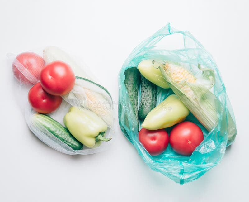 Eco Choice: Vegetables in Reusable Bag or Plastic Package. Stock Photo ...