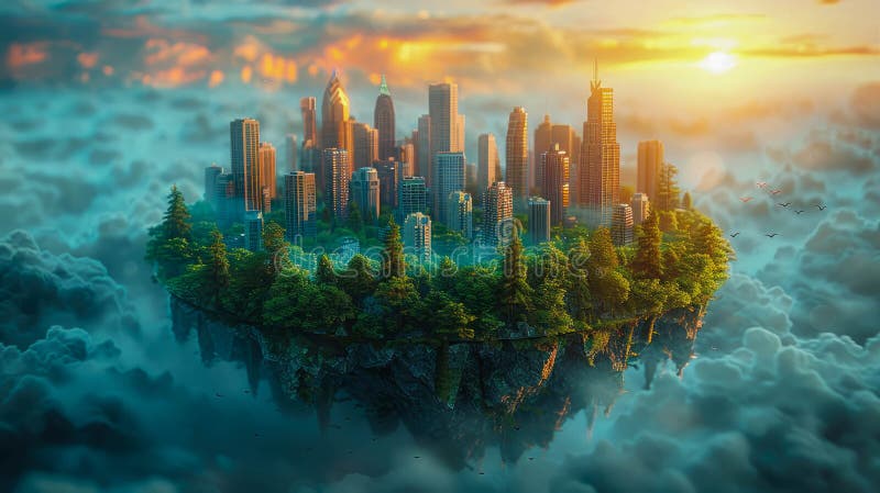Eco City Concept. Planet Earth Floating in the Air Stock Illustration ...