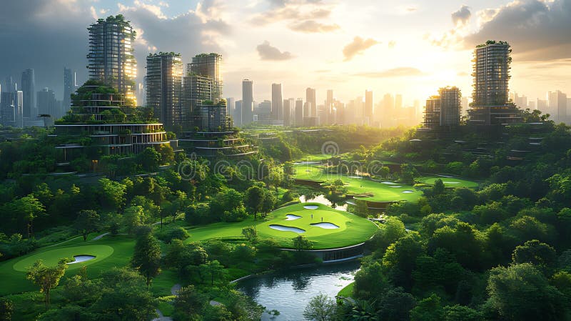 Eco-city Sunset Golf Course Aerial Sustainable Future Stock ...