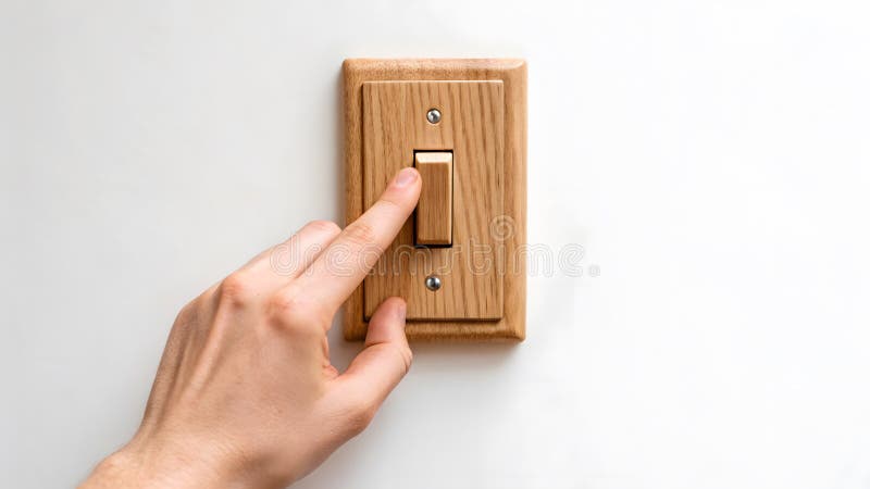 Eco-Conscious Consumer Hand Turning Off Wooden Light Switch on White ...