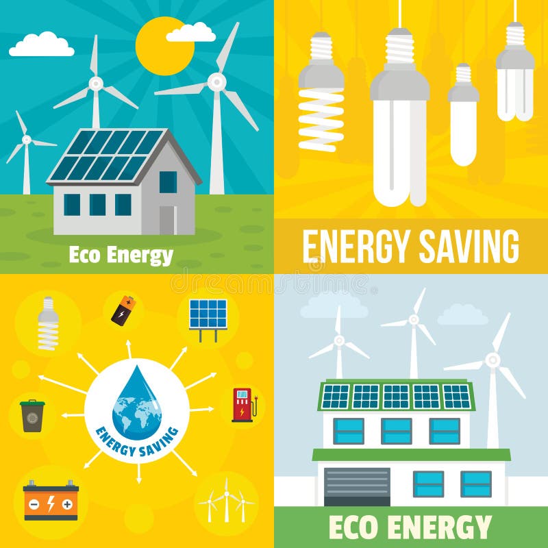 Eco Energy Banner Set, Flat Style Stock Vector - Illustration of light ...