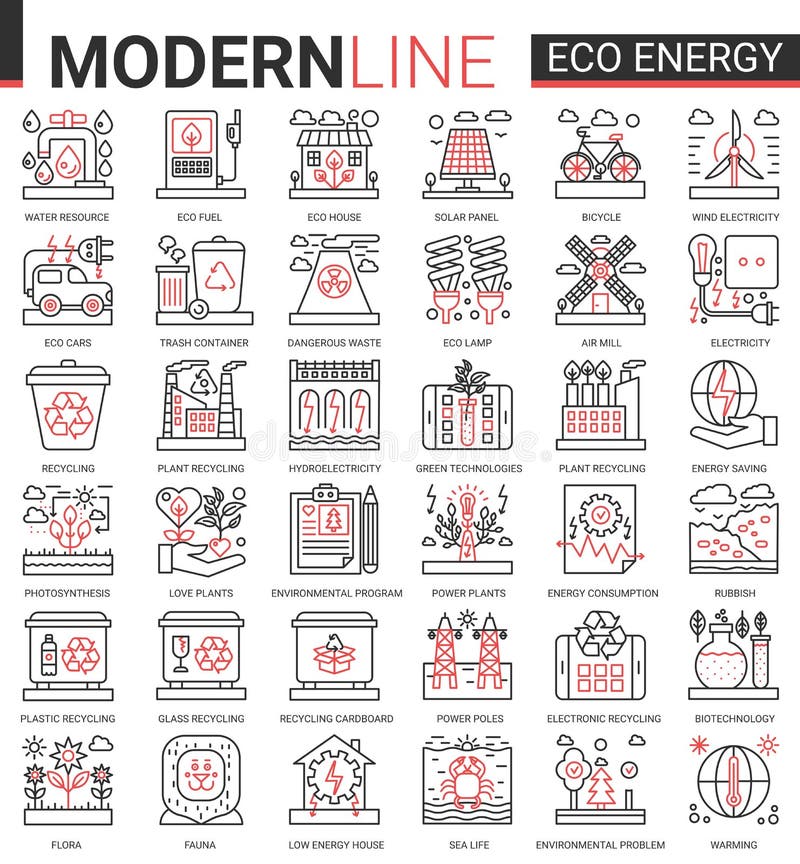 Eco Energy Flat Icon Vector Illustration Set of Ecology Problems Linear ...