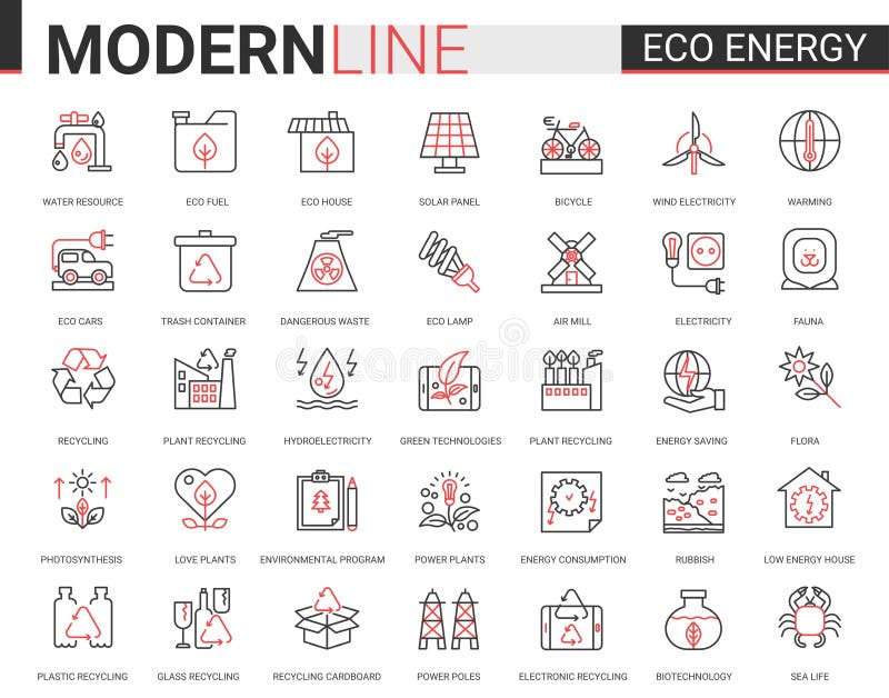 Eco Energy Flat Icon Vector Illustration Set of Ecology Problems Linear ...