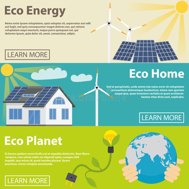 Eco Energy Horizontal Banner Set with Low-energy Houses. Wind Turbine ...