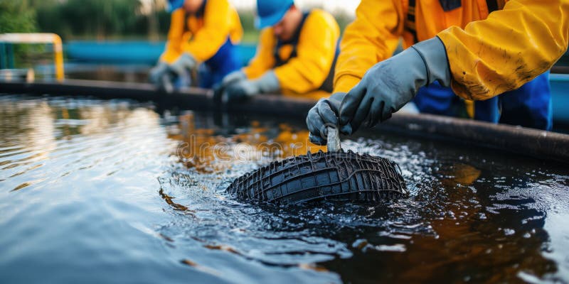 Eco Engineers in Yellow Suits Cleaning Water with Net, Showcasing ...