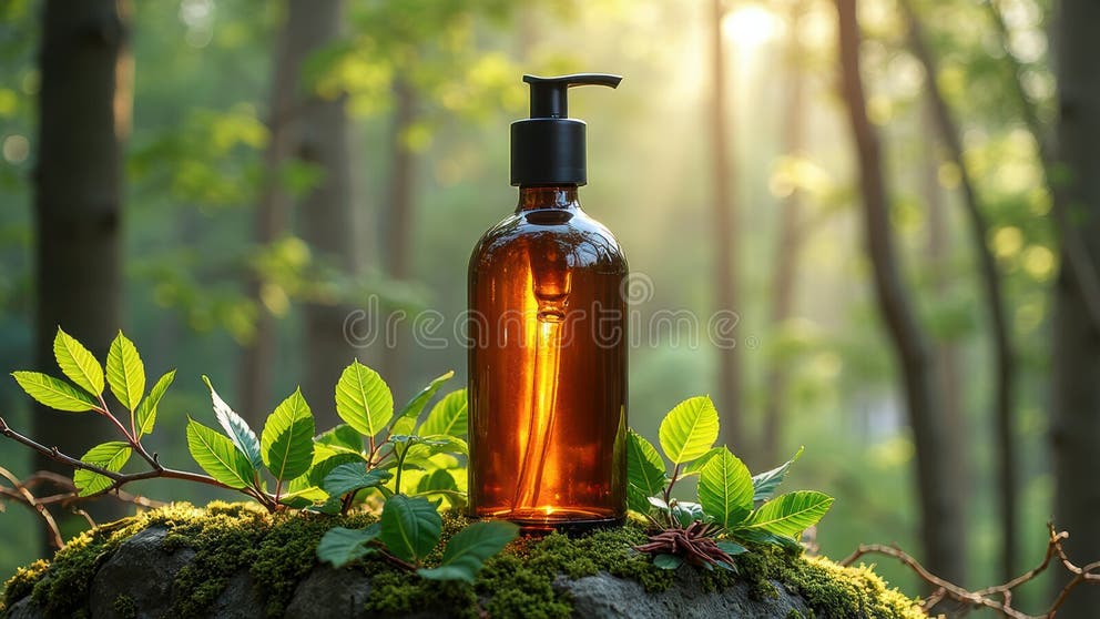 Eco-friendly Amber Glass Soap Dispenser in Forest Setting at Sunrise ...