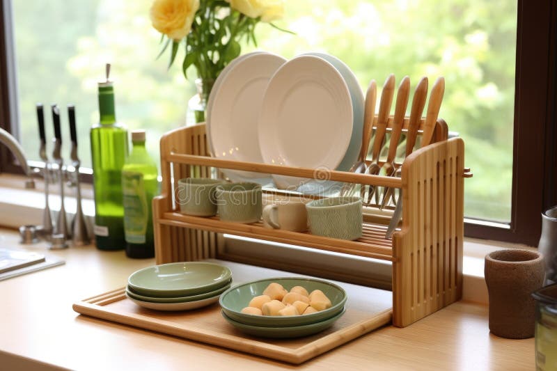 Eco-friendly Bamboo Dish Rack in Kitchen Stock Illustration ...