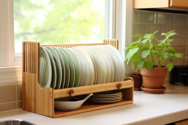 Eco-friendly Bamboo Dish Rack in Kitchen Stock Illustration ...