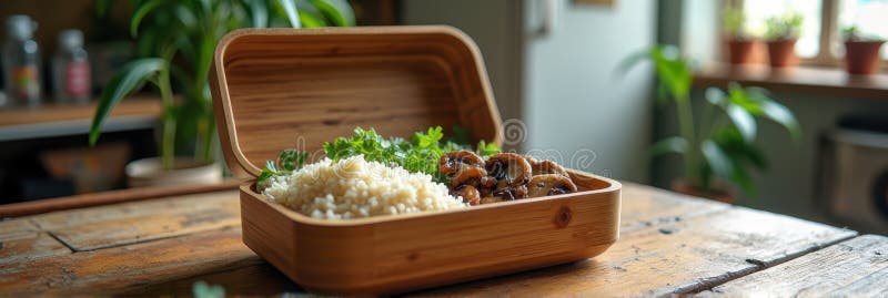 Eco-friendly Bamboo Lunch Box with Rice and Mushrooms on Rustic Table ...