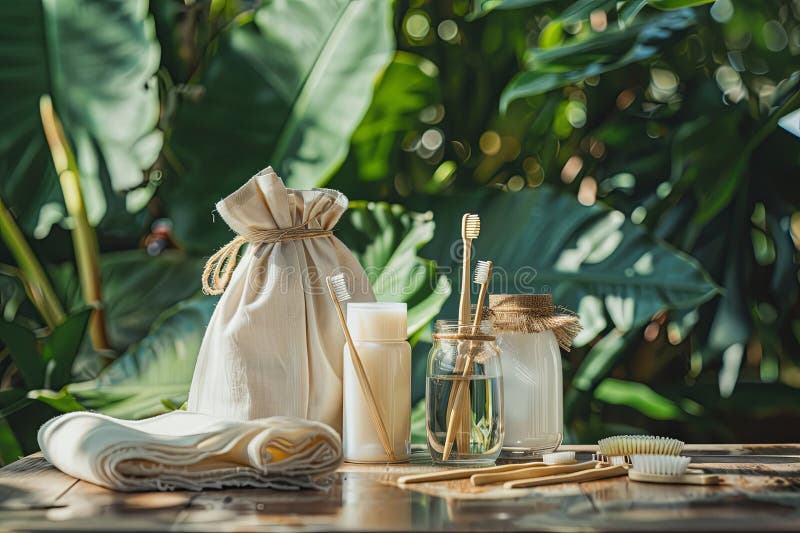 Eco-friendly Bathroom Essentials in a Lush Green Setting Stock Photo ...