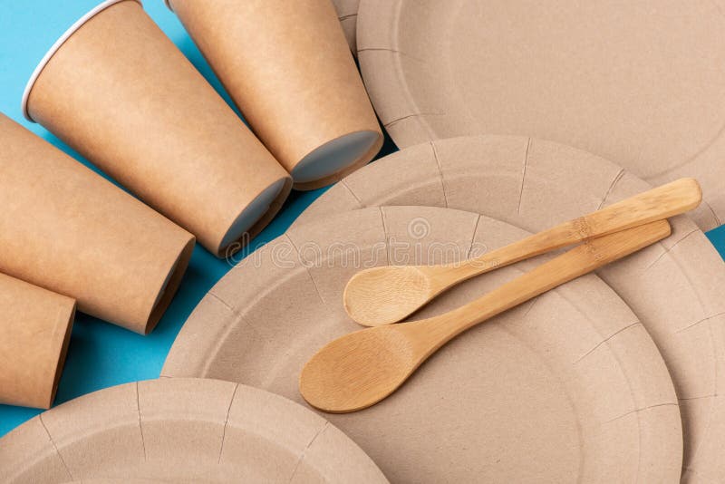 Eco-friendly Biodegradable Dishes on a Blue Background Stock Photo ...