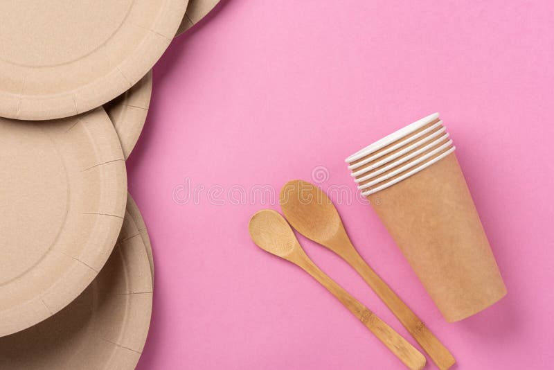 Eco-friendly Biodegradable Dishes on a Pink Background Stock Photo ...