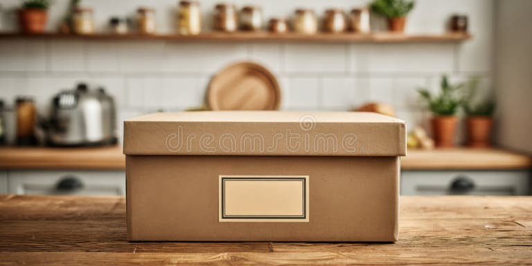 Generative AI Elegant Brown Cardboard Box with a Blank Label on a ...