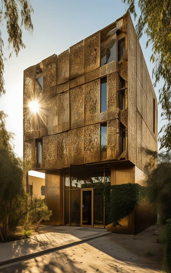 Eco-Friendly Building Bathed in Golden Sunlight - Generative AI Stock ...
