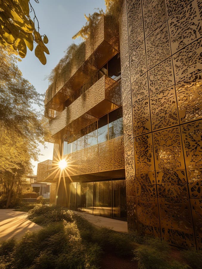 Eco-Friendly Building Bathed in Golden Sunlight - Generative AI Stock ...